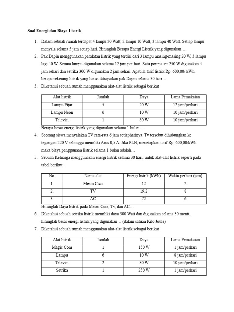 Soal Energi Dan Biaya Listrik | PDF