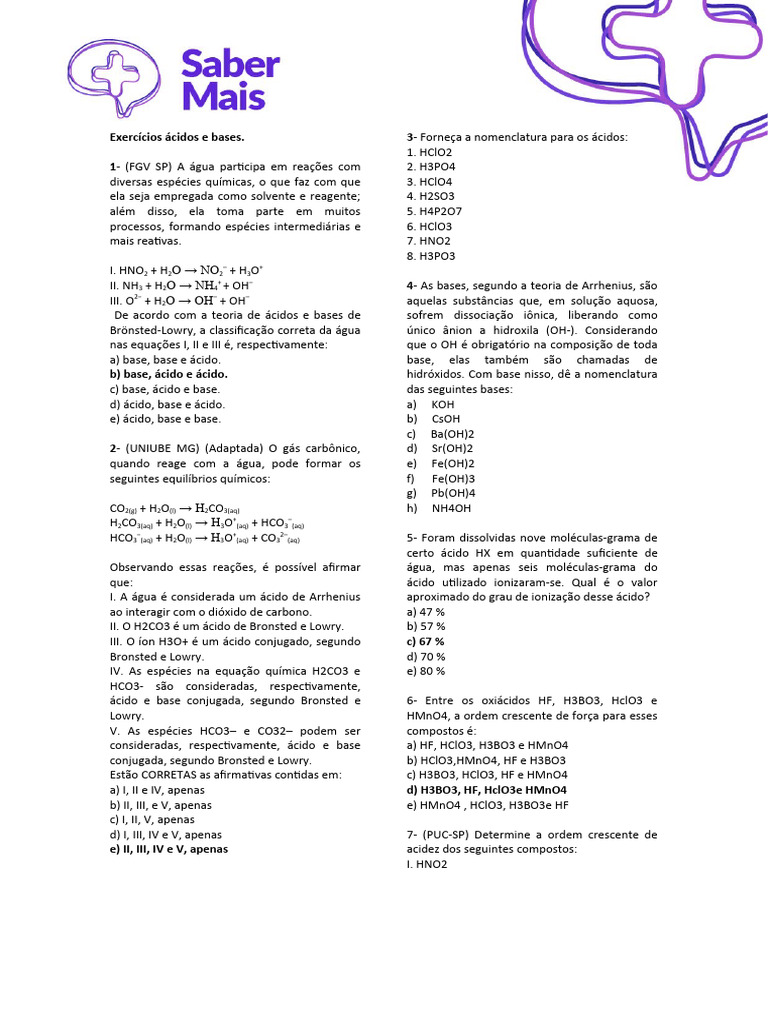 Exercícios ácido Base Pdf ácido átomos