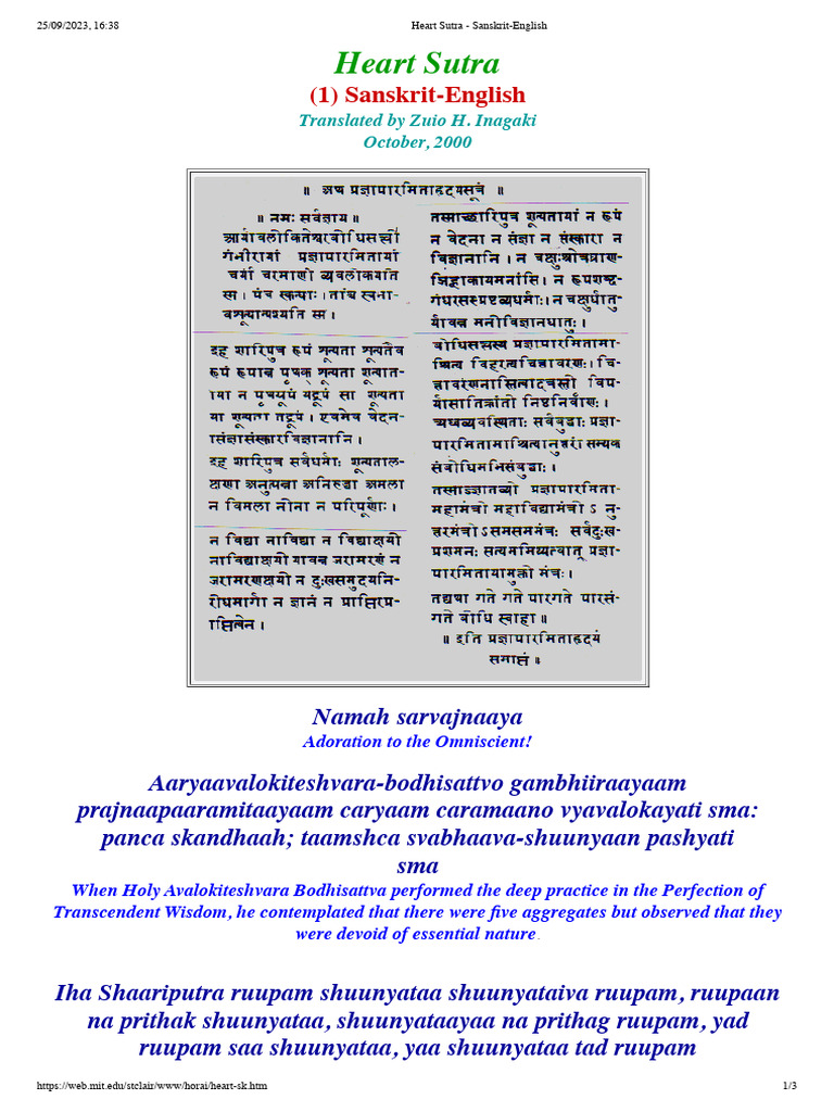 Heart Sutra Sanskrit English Pdf