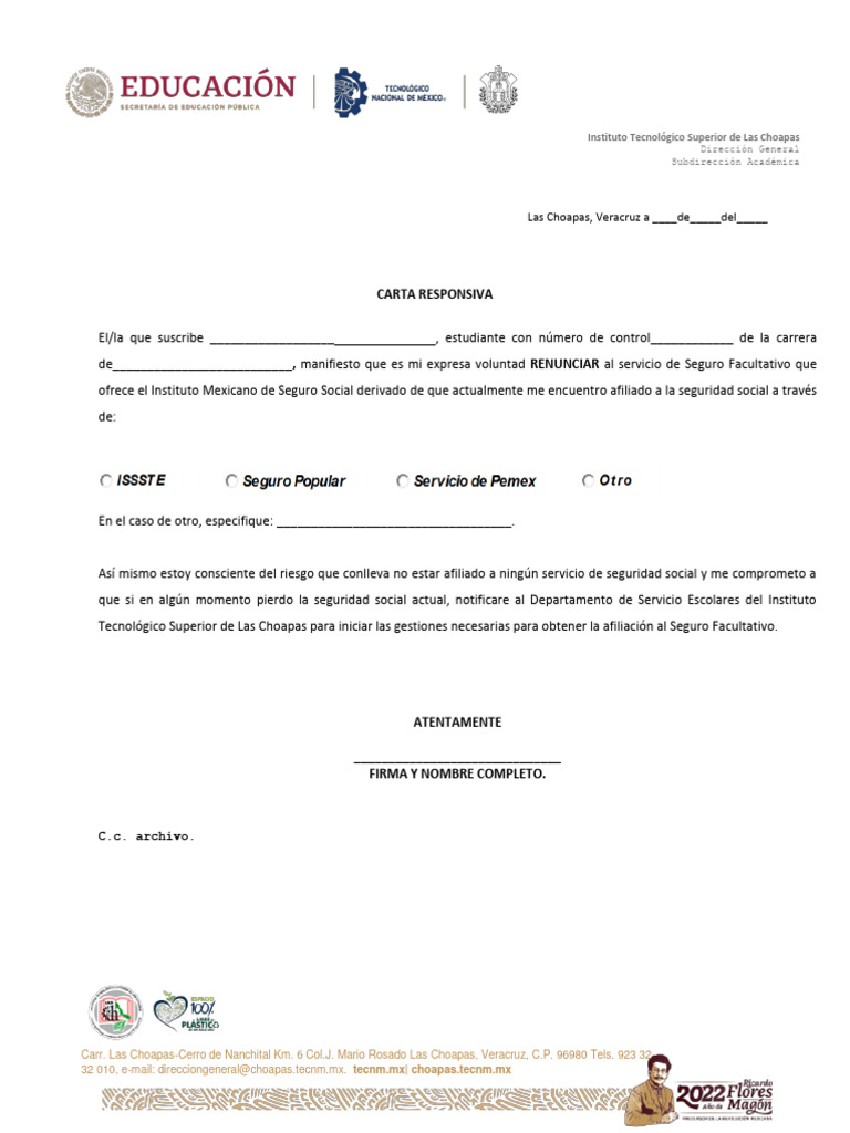 2022-01-27-Carta Responsiva Renunciando Al Seguro Facultativo (IMSS) | PDF