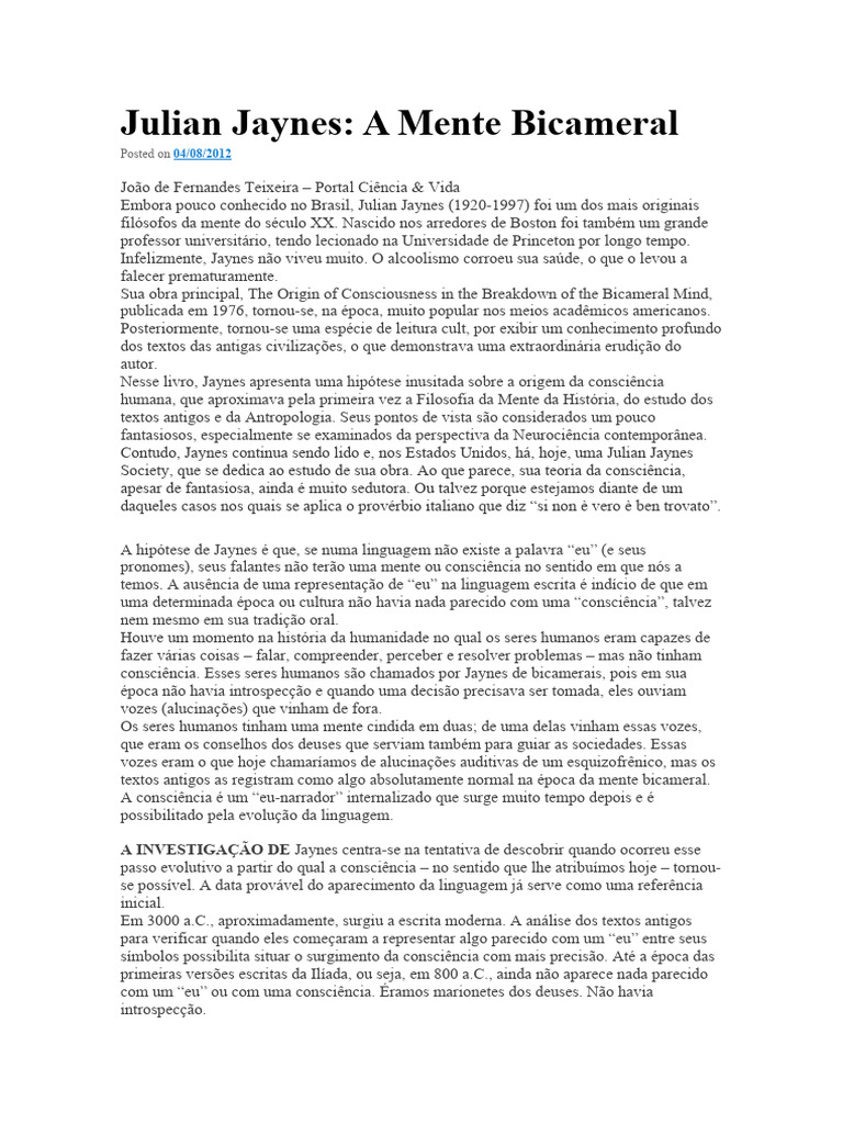 Julian Jaynes, A Mente Bicameral | PDF | Mitologia grega | Mente