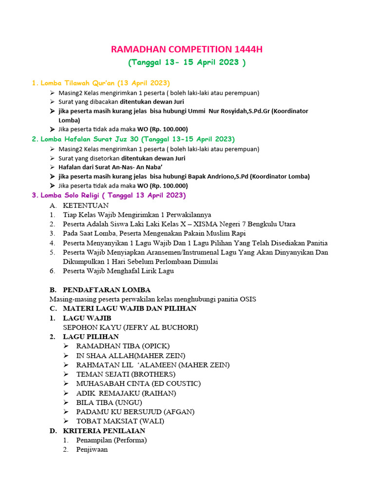 JUKNIS LOMBA Ramadhan Competition 1444H | PDF