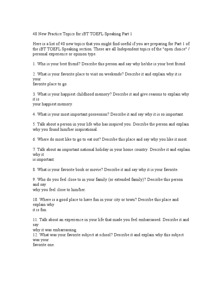 40 New Practice Topics For iBT TOEFL Speaking Part 1 | PDF | Reason | Question