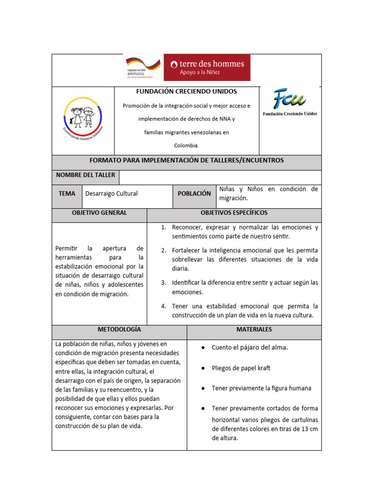 Taller sobre Desarraigo Cultural Infantil | PDF | Las emociones | Sicología
