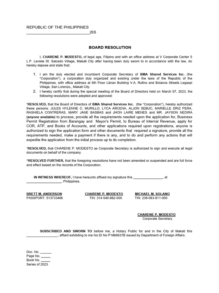 Board Resolution - Bma Mayor's Permit | PDF | Legal Documents | Document