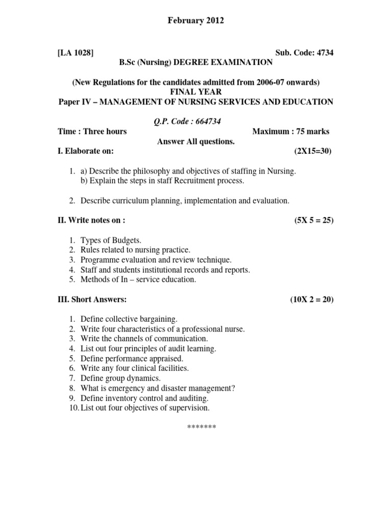 Management of Nursing Services Exam Papers | PDF | Career & Growth ...