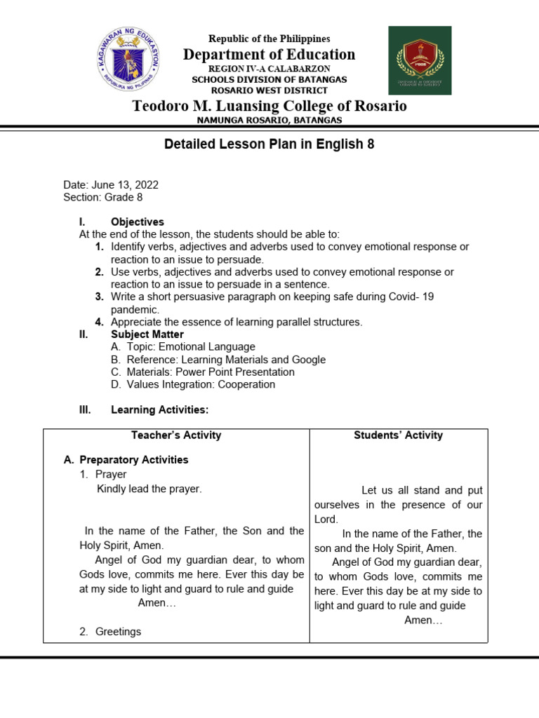 Persuasive Language in English 8 Lesson Plan | PDF | Adverb | Verb