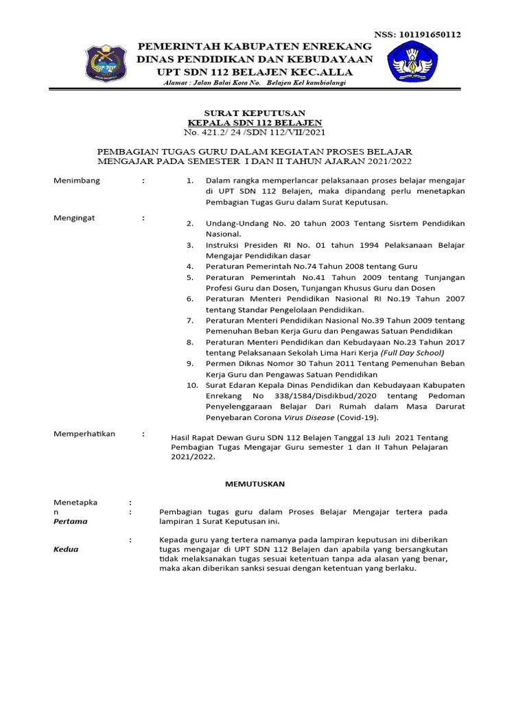 SK PEMBAGIAN TUGAS 112 Bel SM 1 2021-2022 Perbaikan | PDF
