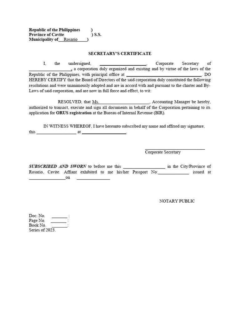 Secretary Certificate for BIR Registration | PDF