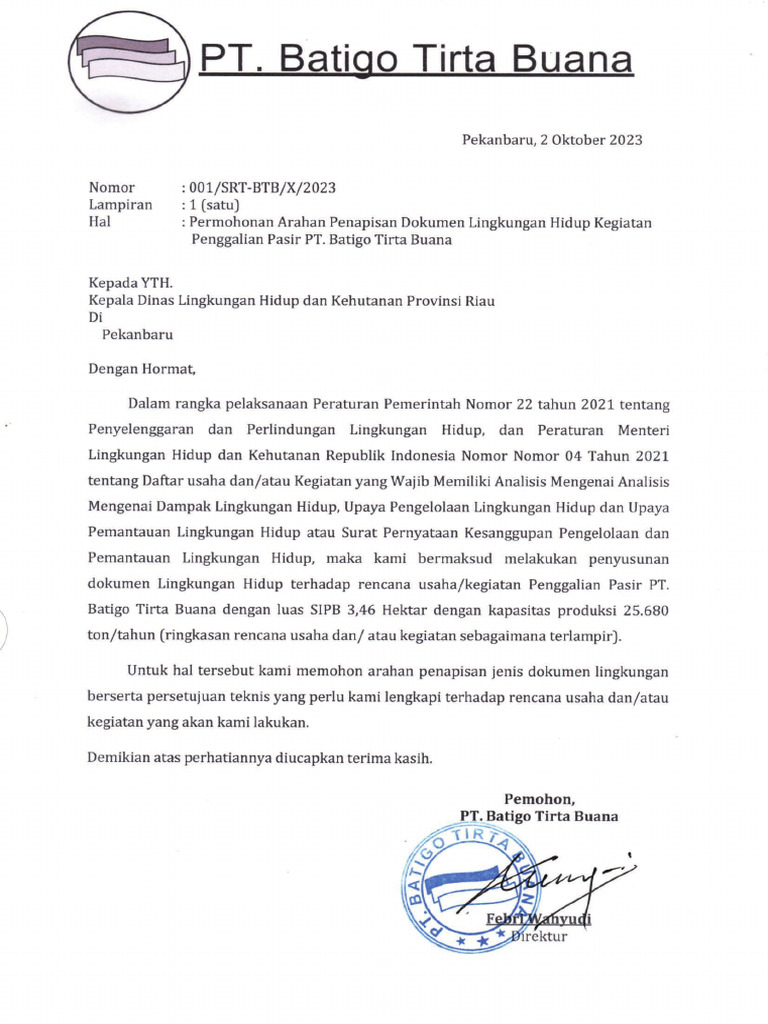 Surat Permohonan Arahan Penapisan Dokumen Lingkungan Hidup | PDF