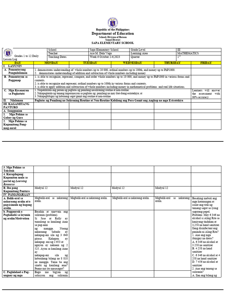 DLL Quarter 1 Week 6 Math | PDF