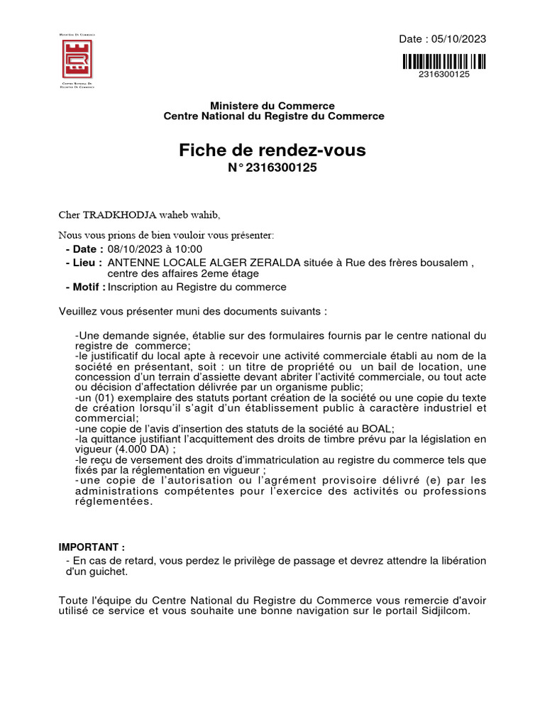 Fiche RDV 2316300125 20231005123304477 | PDF