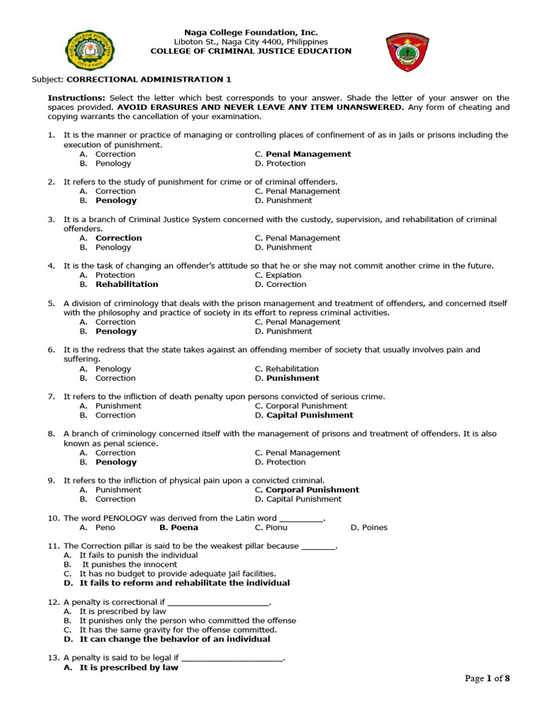 CA 1 Questionnaire | PDF | Prison | Punishments