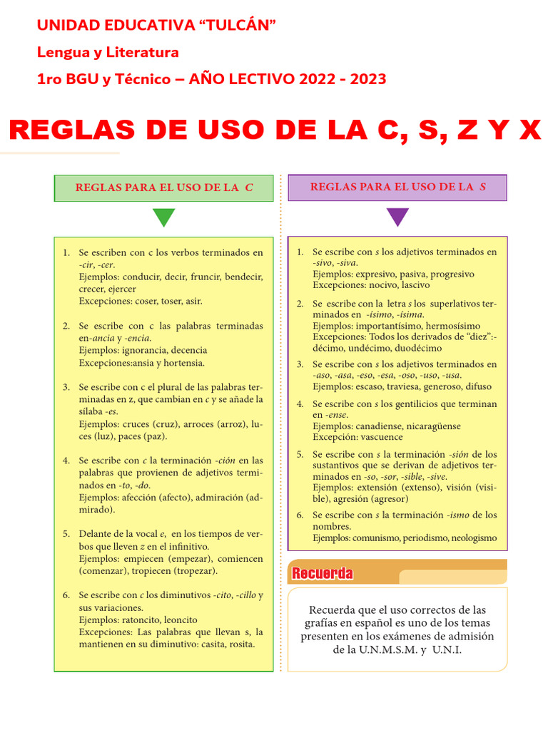 Reglas de Uso de La C, S, Z Y X | PDF