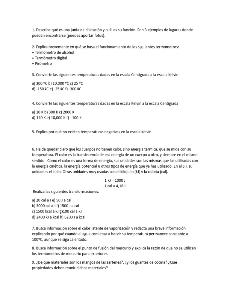 Cuestionario Saberes Basicos de Calor y Temperatura | PDF | Caloría | Calor