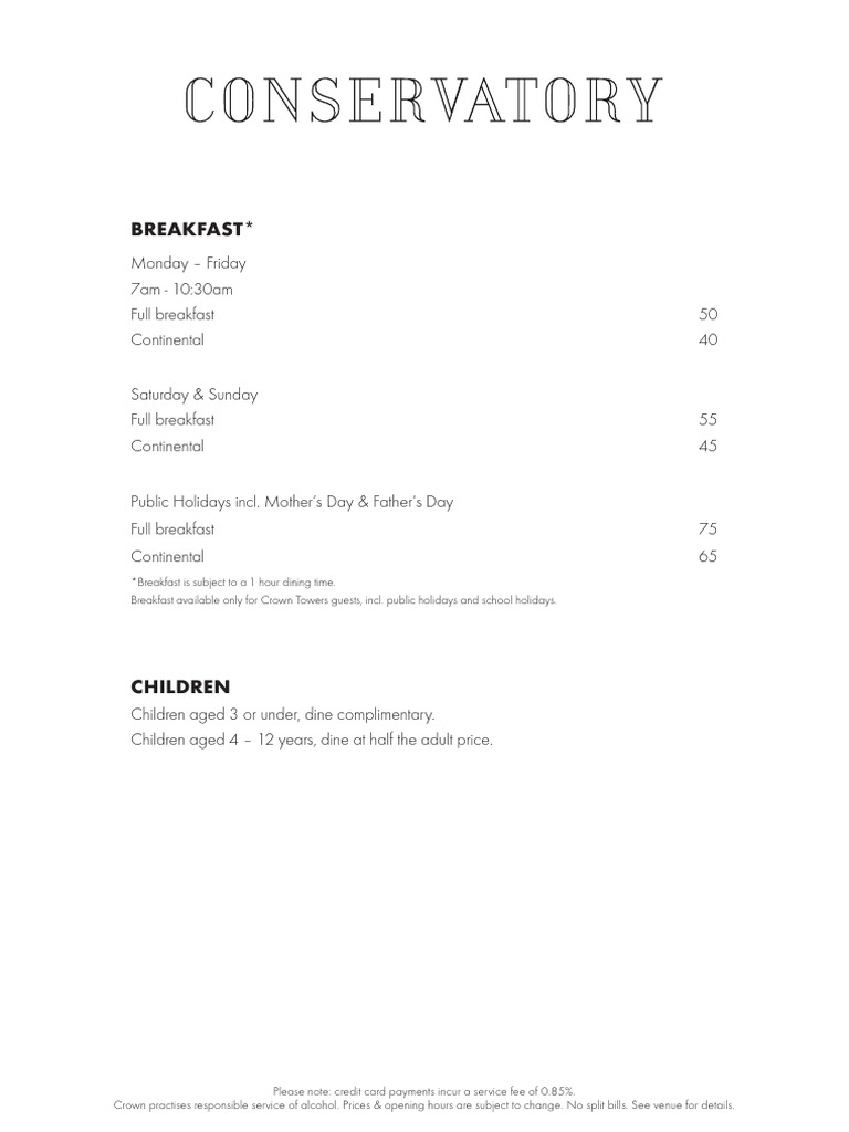 Crown Melbourne Restaurants Conservatory Price List | PDF | Workweek ...