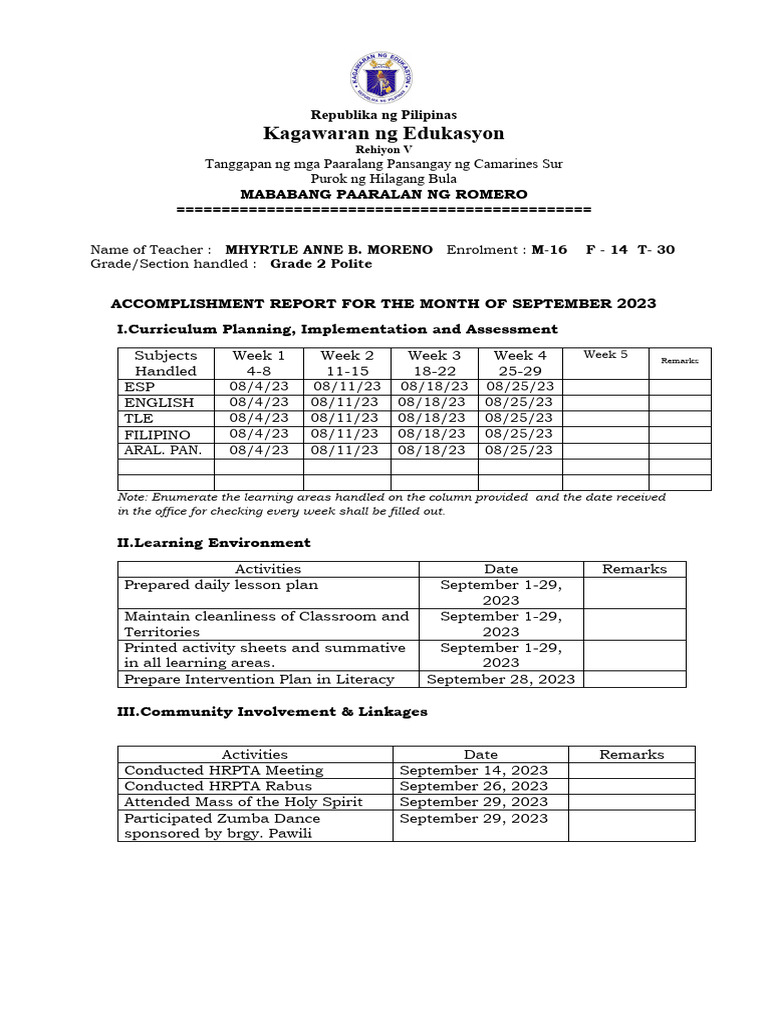 Monthly Accomplishment Report For Teachers | PDF