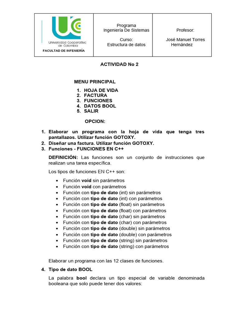 Funciones Tipo Dato Bool Gotoxy | PDF