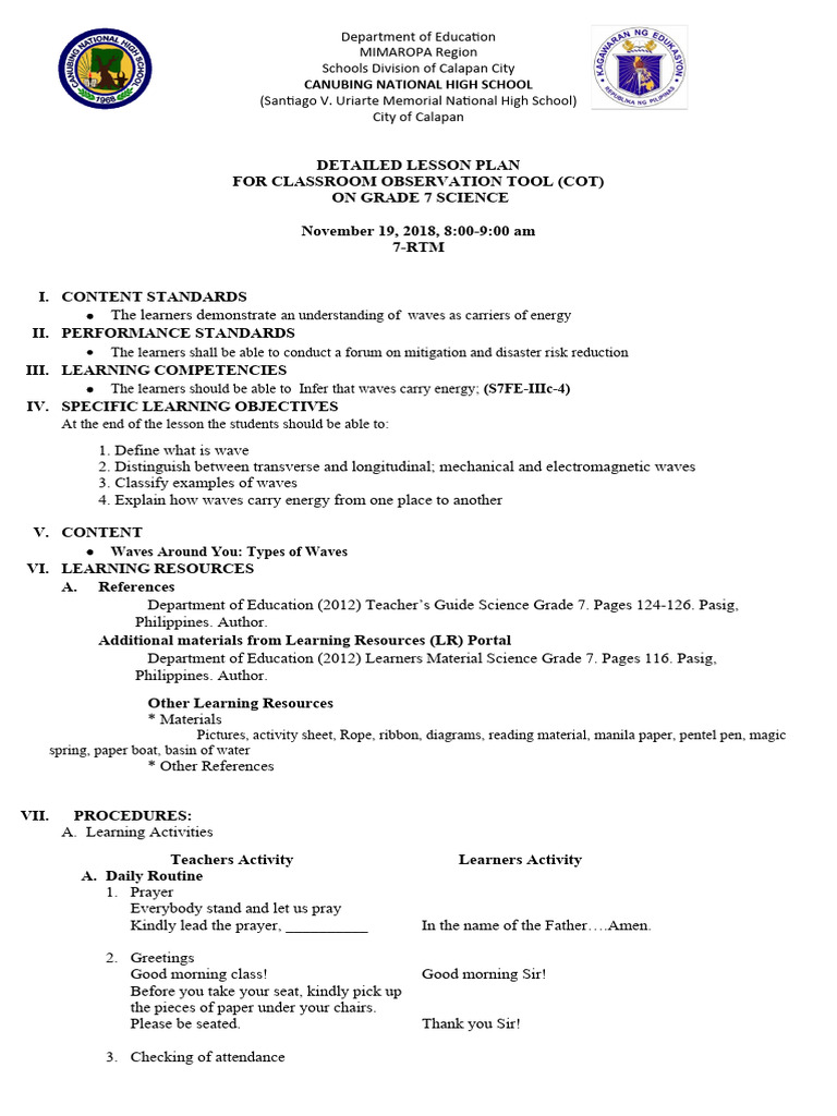 Grade 7 Waves Lesson Plan Overview | PDF