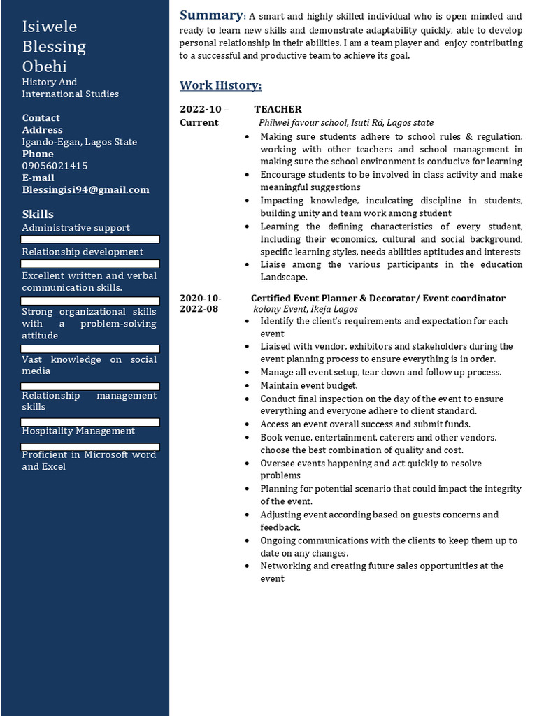 Blessing CV | PDF | Teachers | Schools
