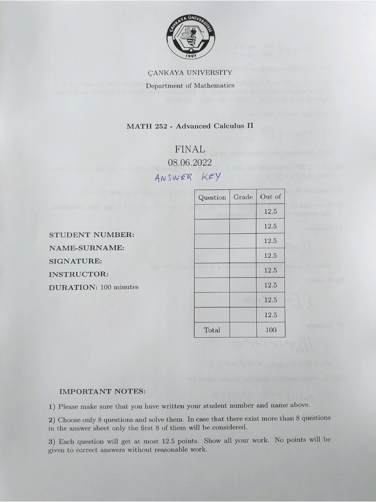 Advanced Calculus 2 Final Answer Key | PDF