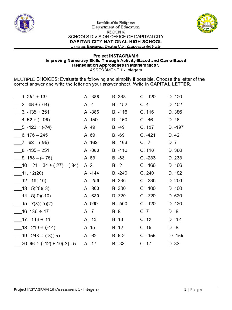 2022-2023 Project Instagram 9 - Assessment 1 Integers | PDF 2022-2023 Project Instagram 9 - Assessment 1 Integers | PDF