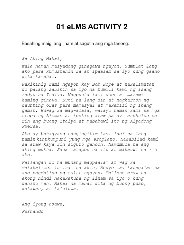 01 eLMS ACTIVITY 2 - FILIPINO SA PILING LARANG | PDF