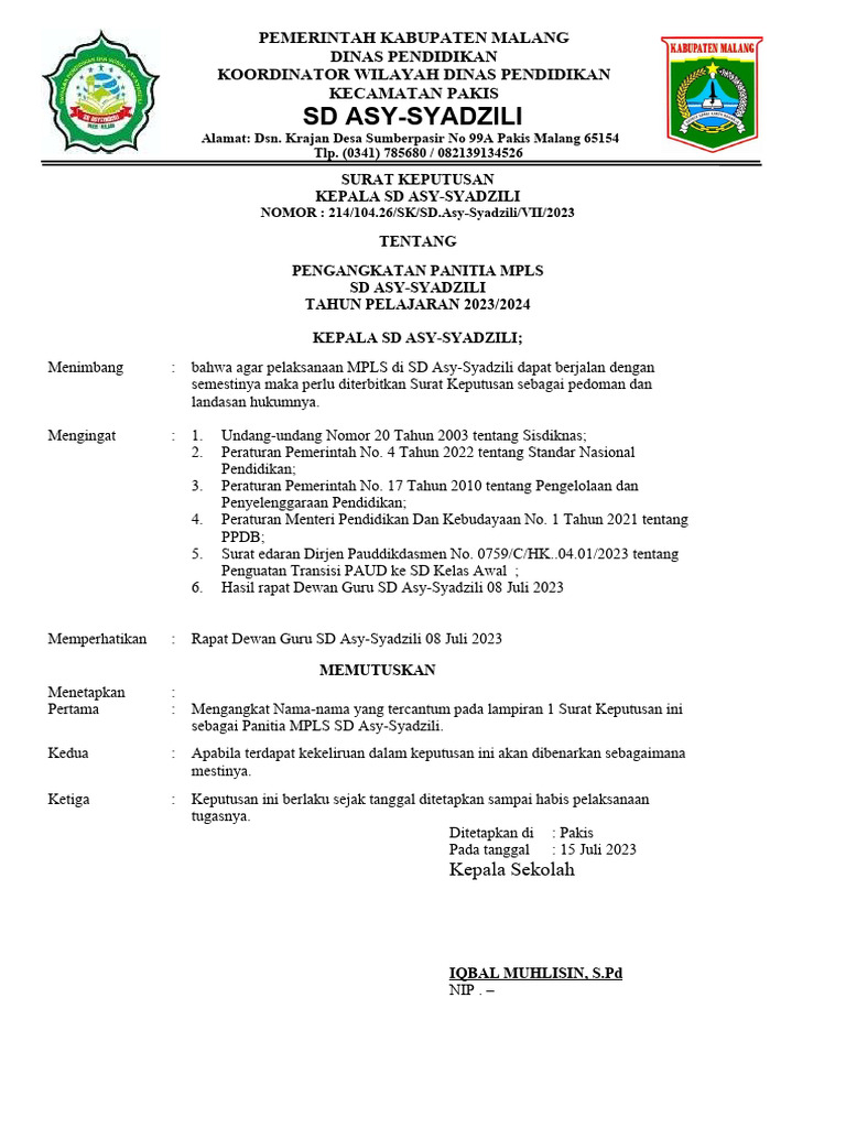 SK Tim Panitia MPLS SD Asy-Syadzili 2324 | PDF