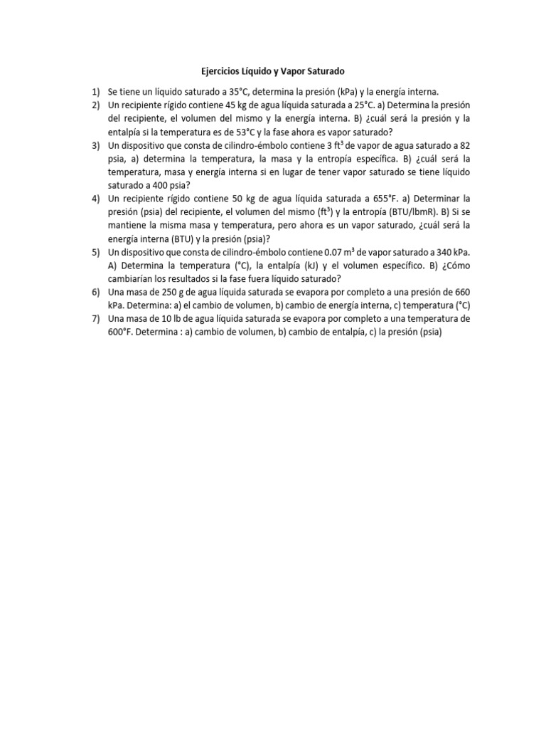 Ejercicios Líquido y Vapor Saturado | PDF | Ciencia y matemáticas ...
