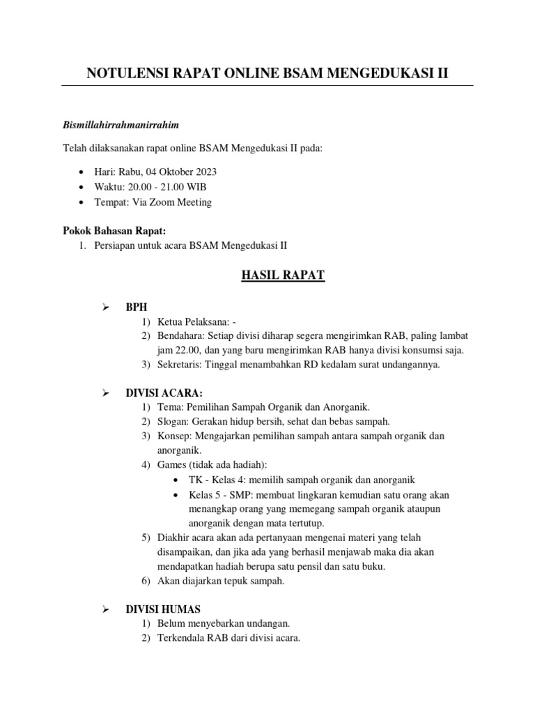 Notulensi Rapat Online Bsam Mengedukasi Ii | PDF | Ilmu Sosial