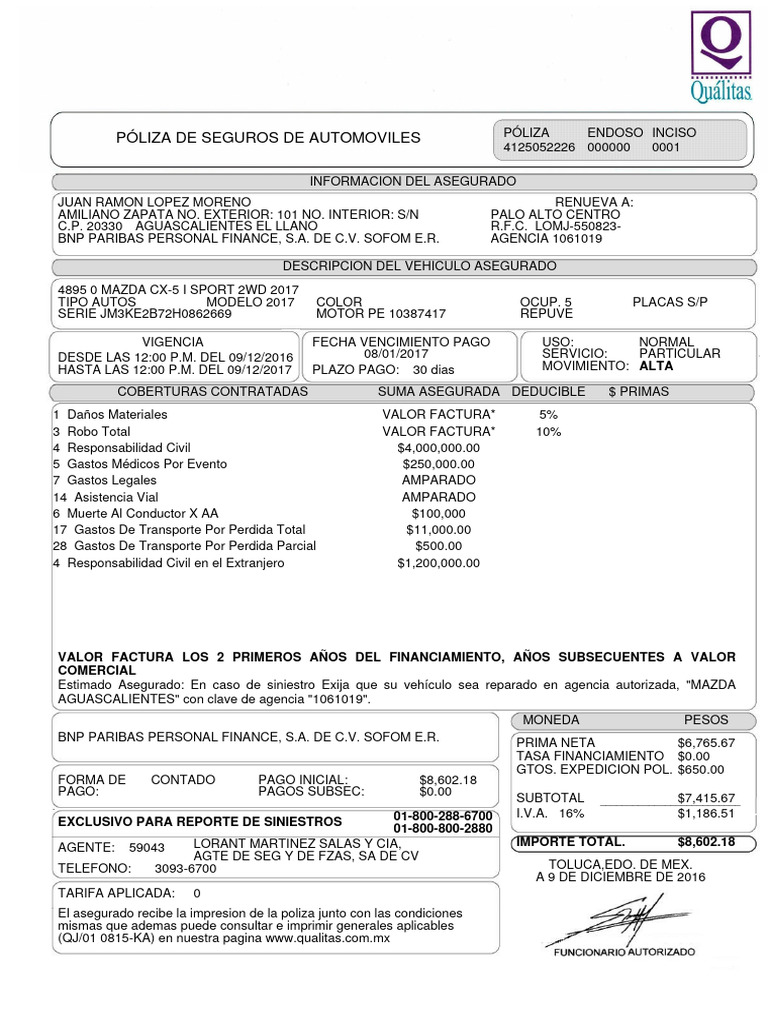 Póliza de Seguros de Automoviles | PDF