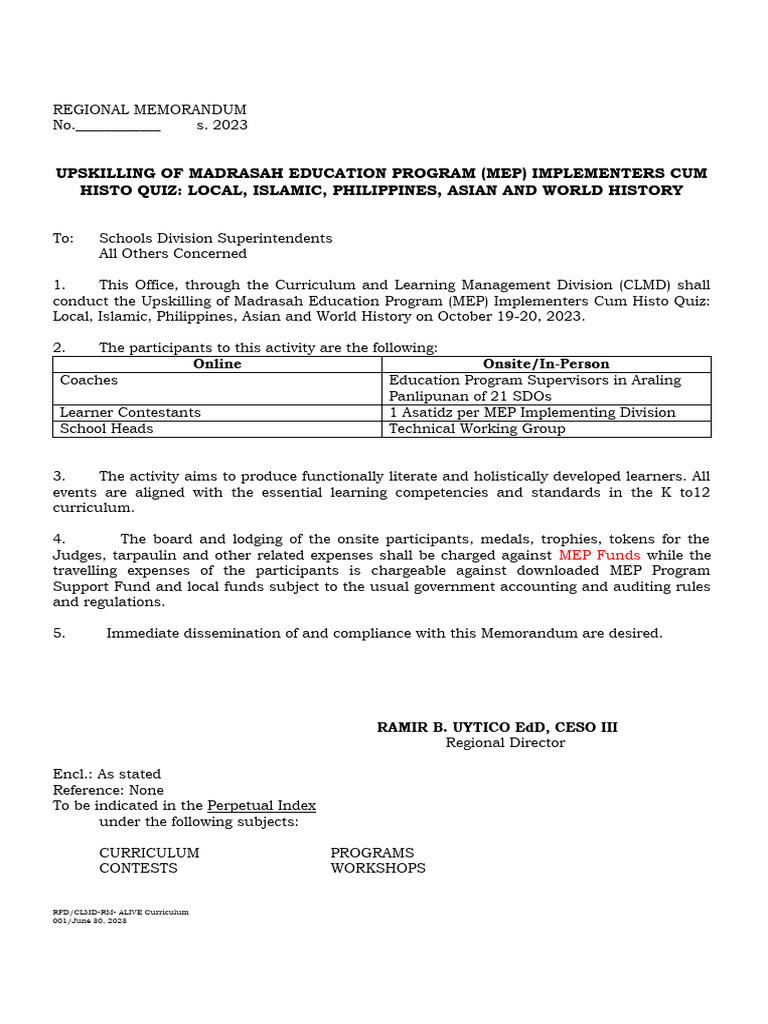 Regional Memo Histo Quiz | PDF