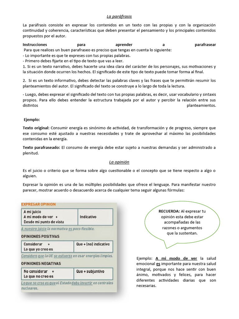 La Paráfrasis Y Opinion Pdf Pensamiento Comunicación Humana