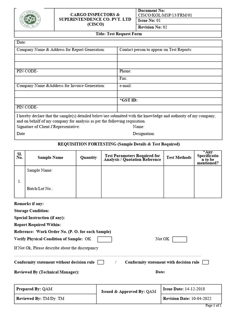 Frm-01 - Test Request Form | PDF