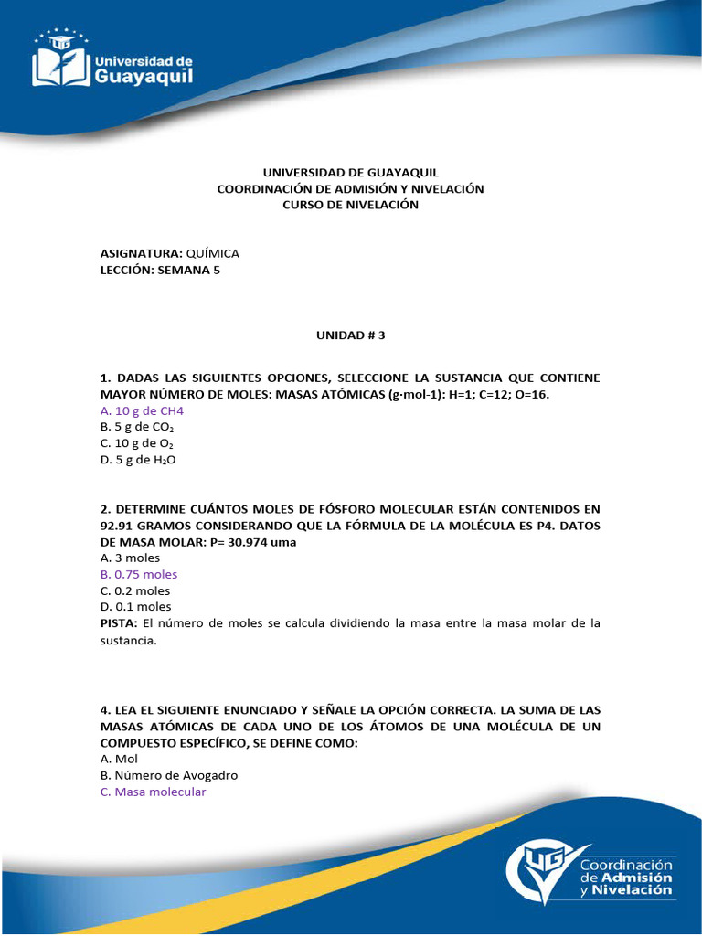 Cuestionario Lección S5 Quimica | PDF | Mole (Unidad) | Redox