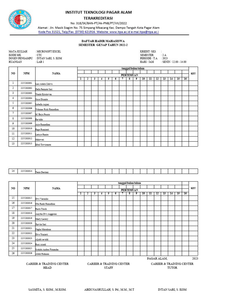 Absen Tutor English Dan Program Genap 2022-2 | PDF