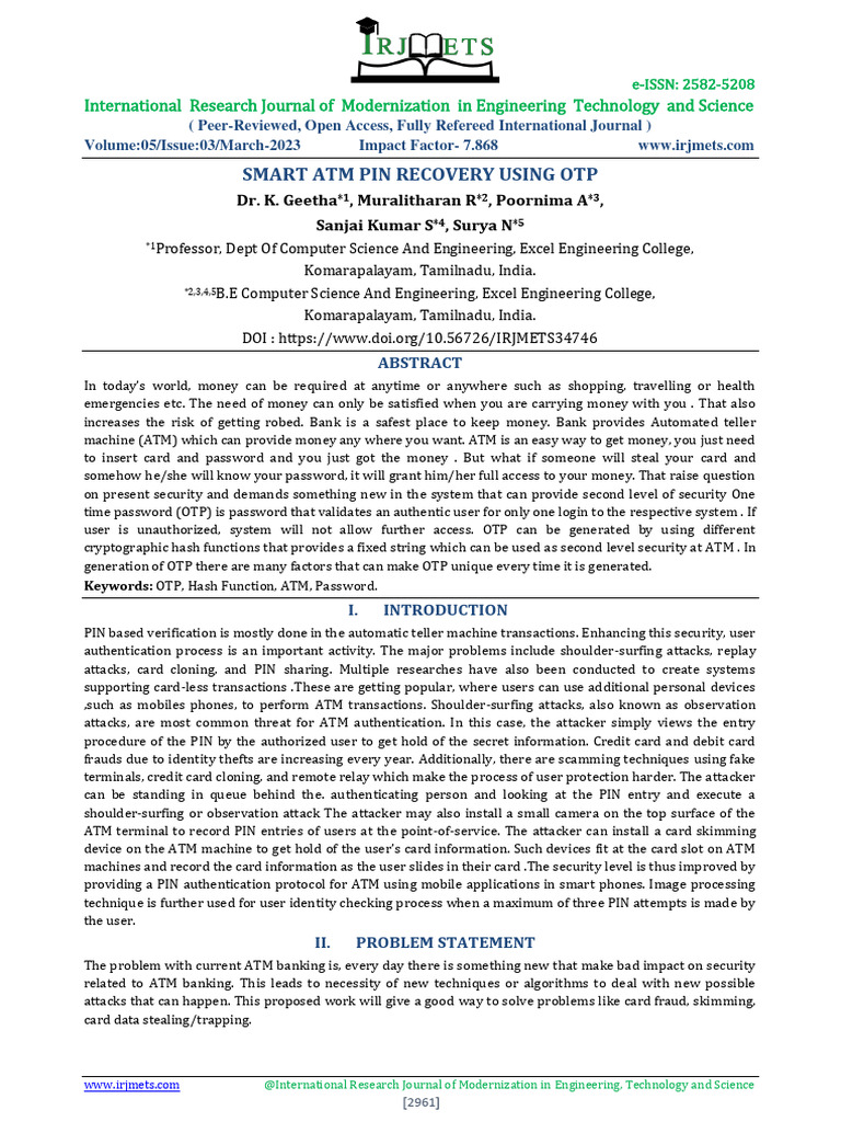 Smart Atm Pin Recovery Using Otp | PDF