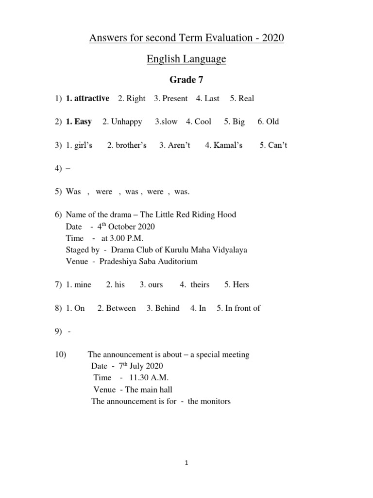 Grade 7 English Answer | PDF