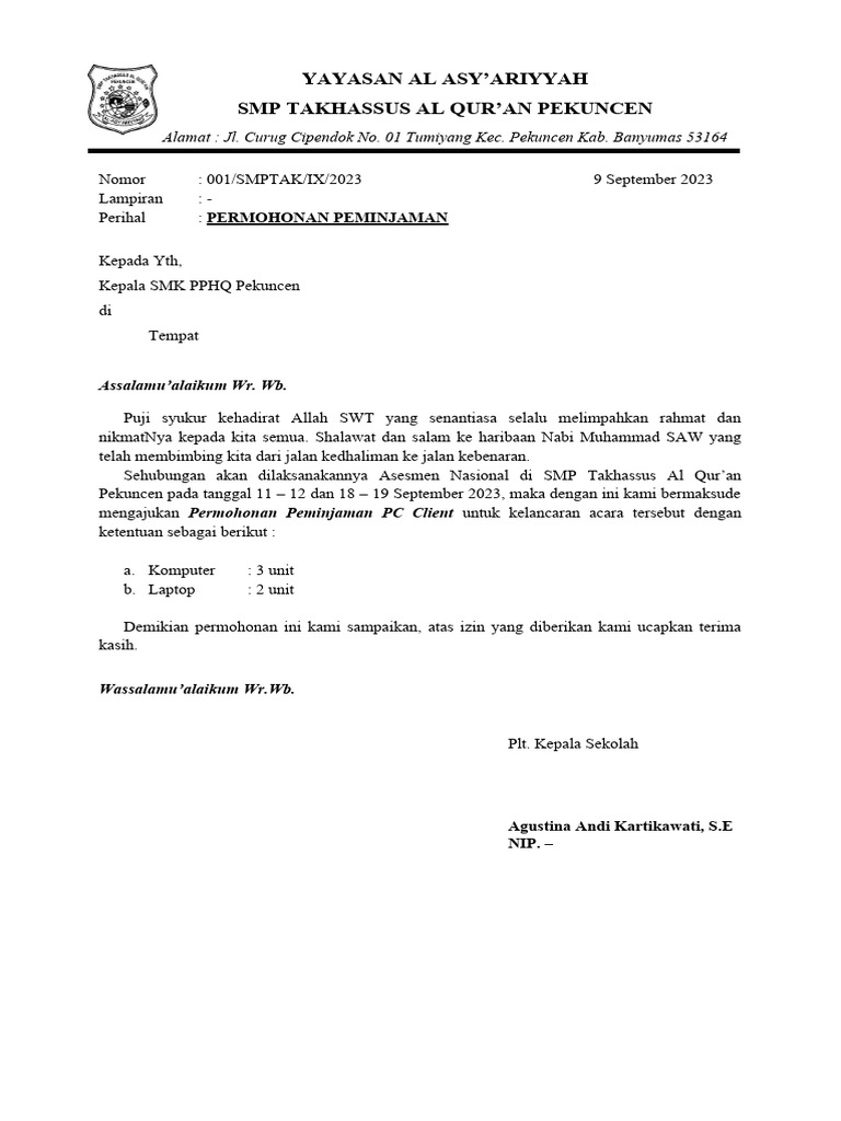 Surat Peminjaman Alat | PDF
