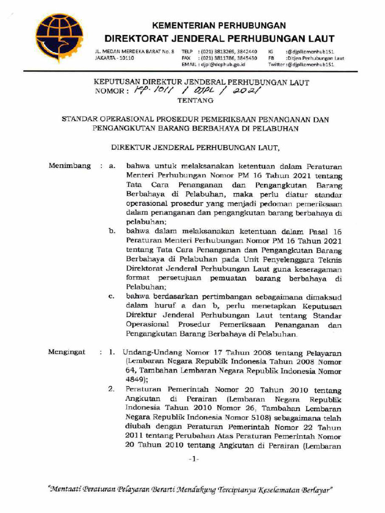 SK. DIRJEN KP.1011 2021 SOP Pemeriksaan Penanganan Dan Pengangkutan Barang Berbahaya Di ...