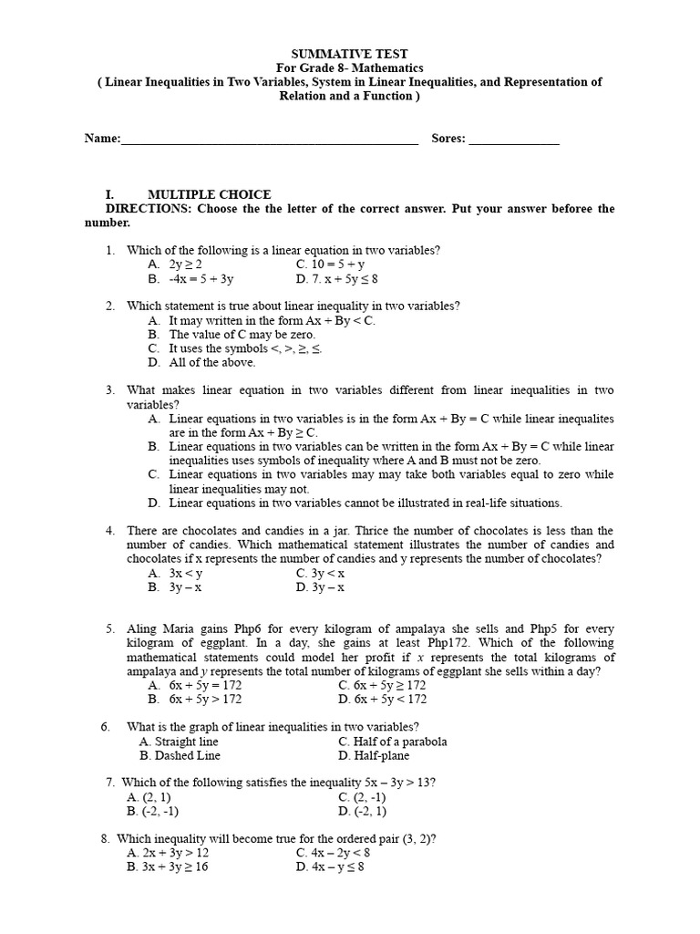 Grade 8 Mathematics Summative Test | PDF | Variable (Mathematics ...