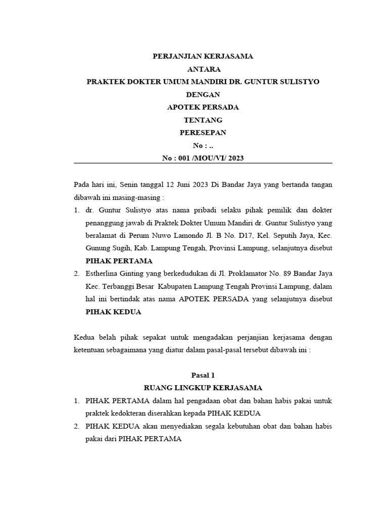 MoU Dengan Apotek Persada | PDF