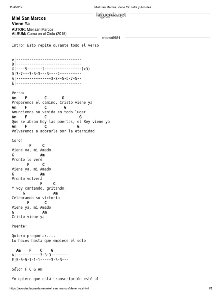 Miel San Marcos, Viene Ya - Letra y Acordes | PDF
