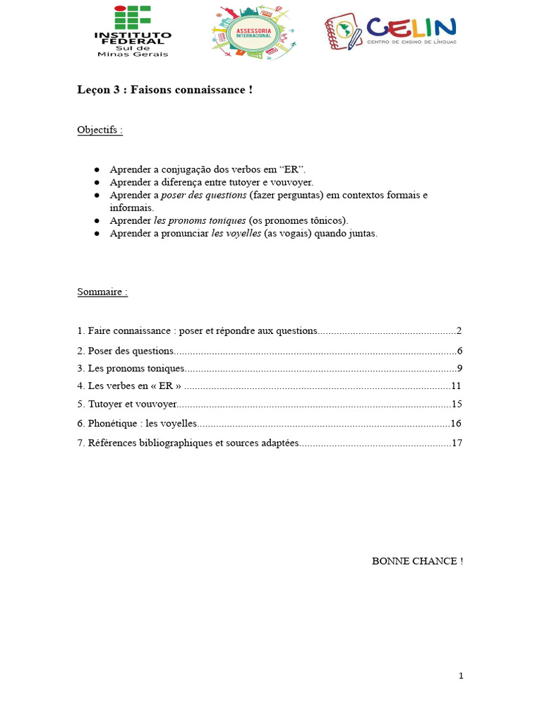 Leçon 3 : Faisons connaissance ! | PDF | Pronom | Linguistique