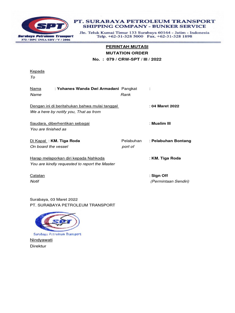 Mutasi Off Yohanes Mualim 3 (KM. Tiga Roda) | PDF