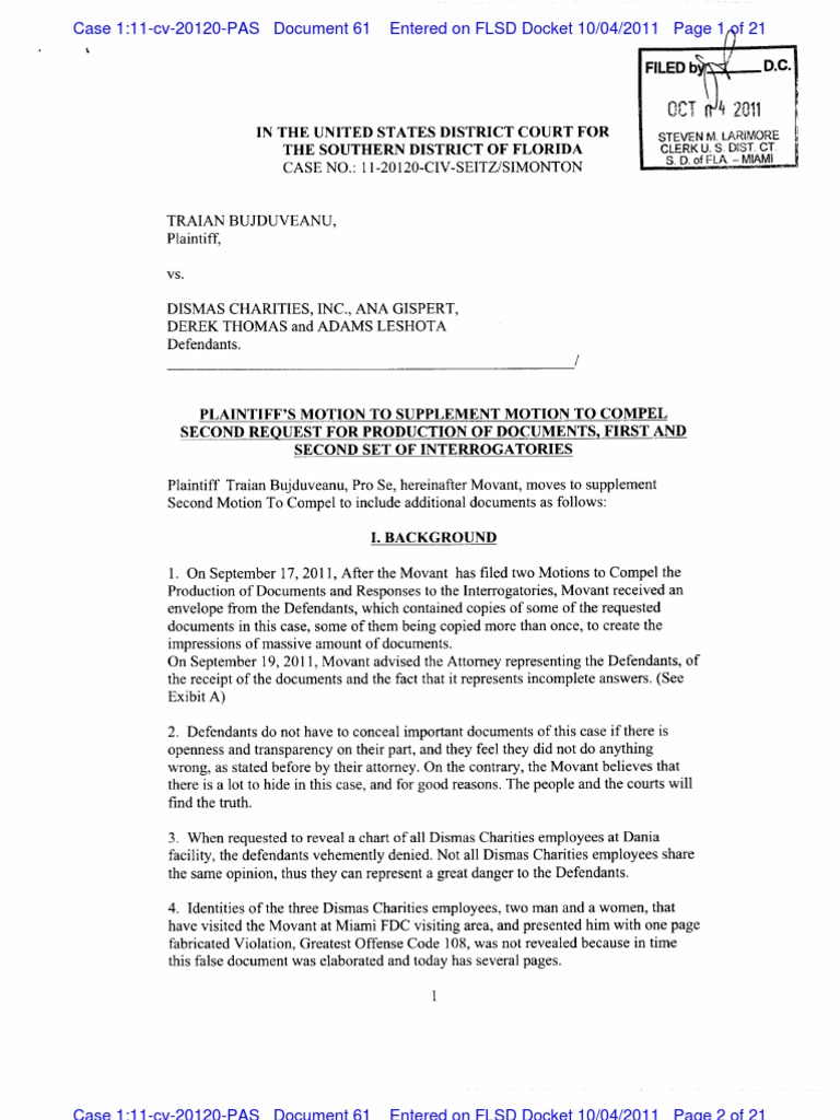 Plaintiff's Motion To Supplement Motion To Compel Second Request For ...