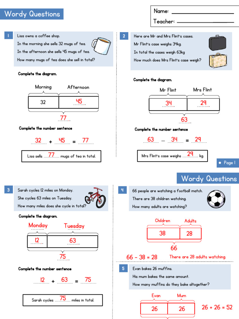 Worksheet 2 - Bar Model Part Whole Questions - Wordy Answers | PDF