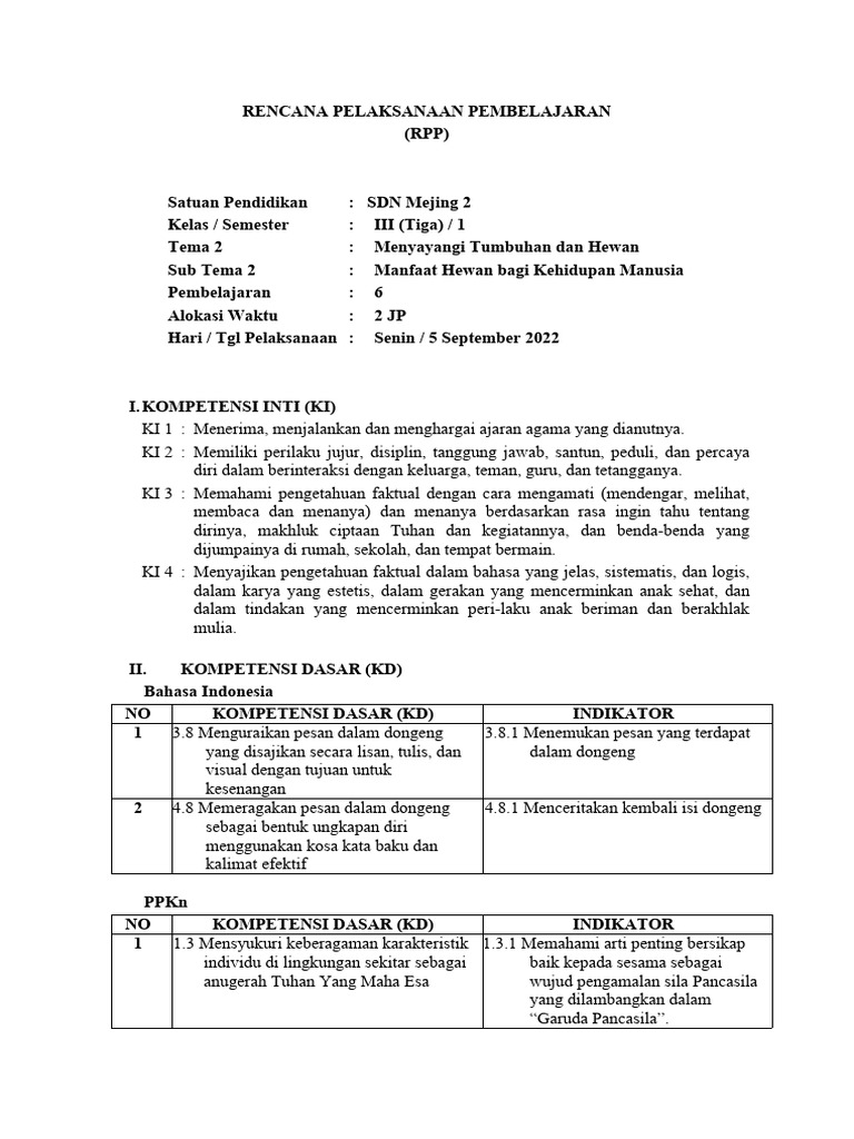 RPP KELAS 3 Tema 2 Subtema 2 | PDF