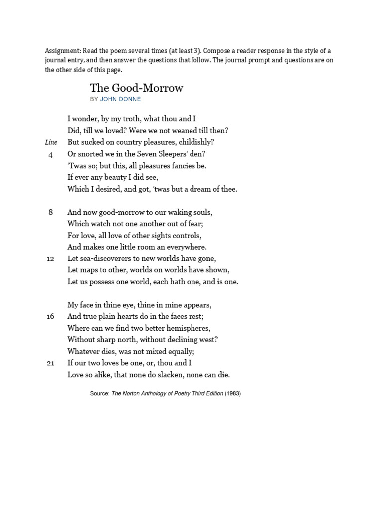 The Good Morrow With Journal and Questions | PDF | Poetry
