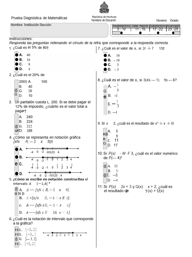 Prueba Diagnóstica de Matemáticas 9° Grado | PDF | Métodos y materiales ...
